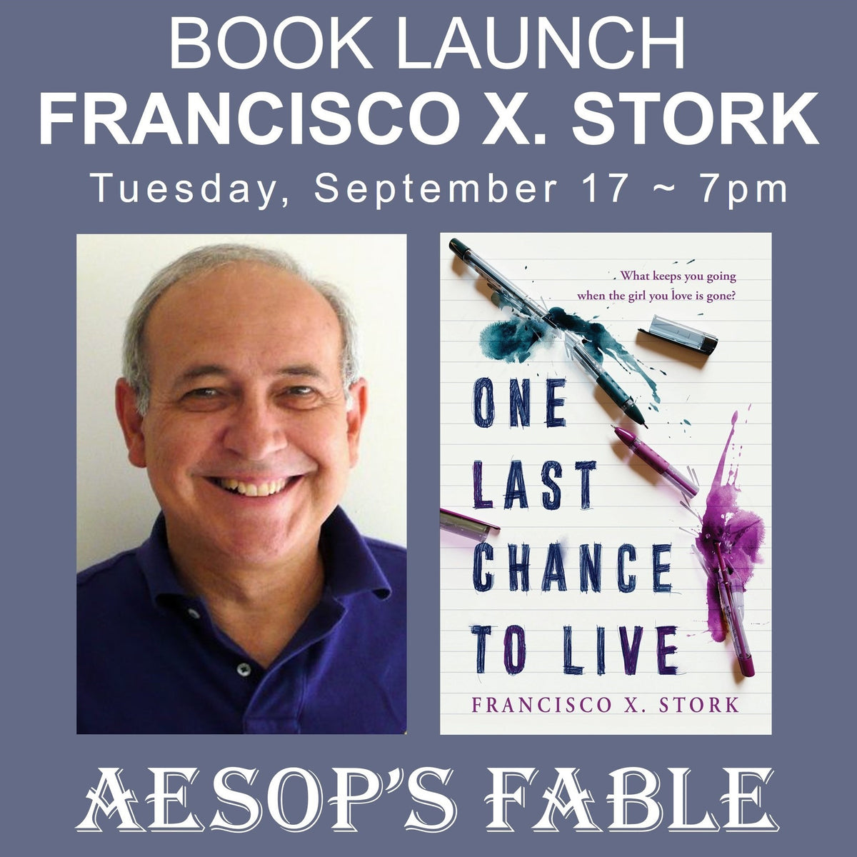 September 17 ~ Book Launch with Francisco X. Stork – AESOP'S FABLE